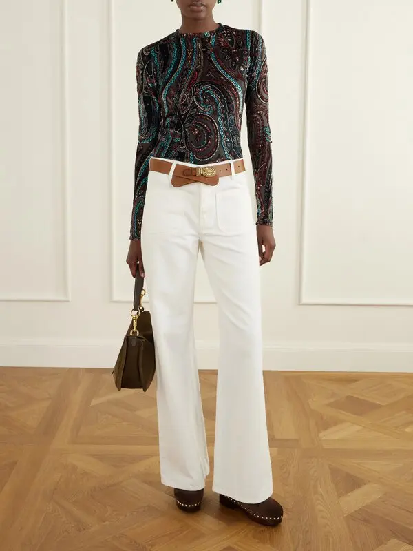 Etro Printed Velvet-trimmed Mesh Blouse
