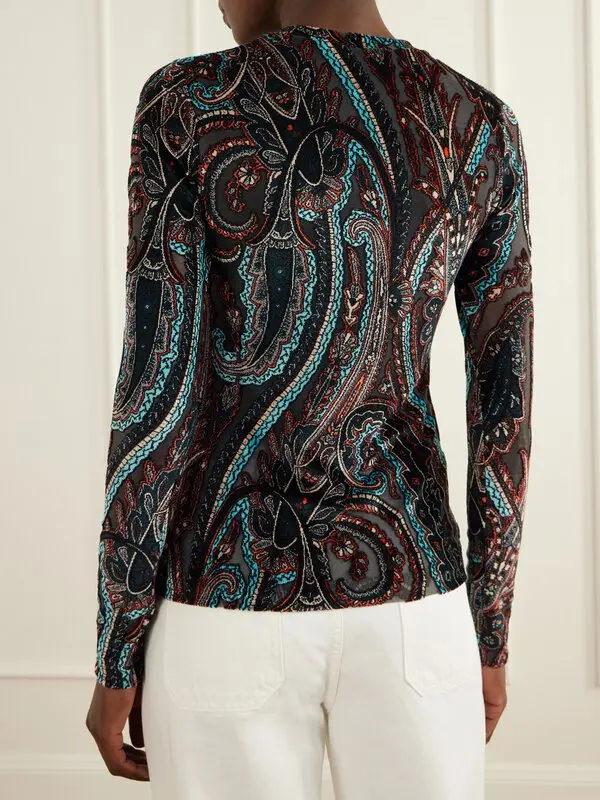 Etro Printed Velvet-trimmed Mesh Blouse