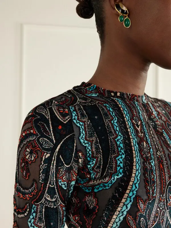 Etro Printed Velvet-trimmed Mesh Blouse