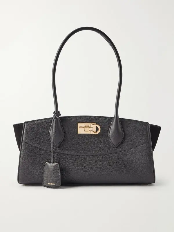 FERRAGAMO Studio East West Suede-trimmed Textured-leather Shoulder Bag