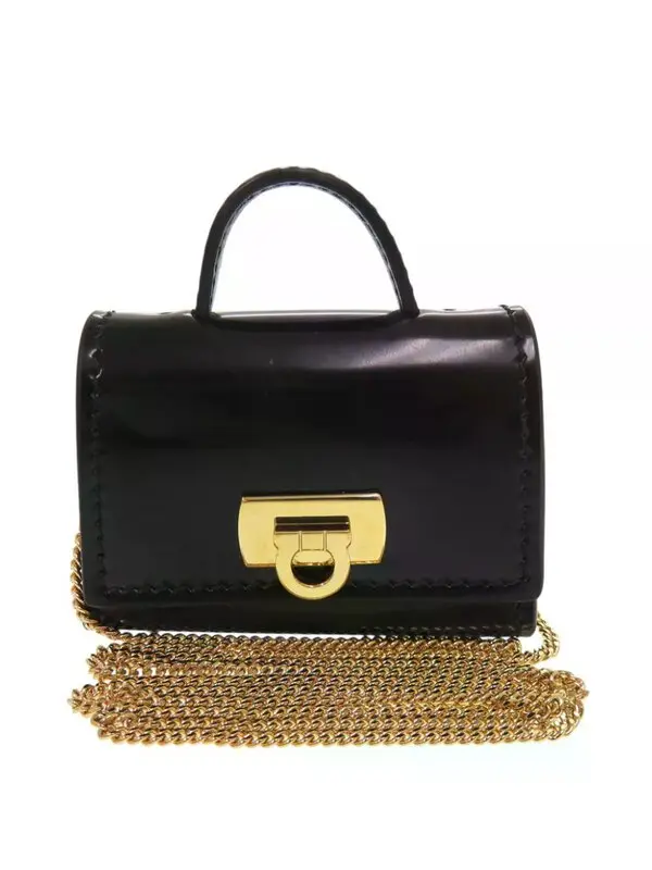 FERRAGAMO 2010-2026 Smooth Calfskin Gancini Top Handle Airpods Case With Chain Crossbody Bag - Black
