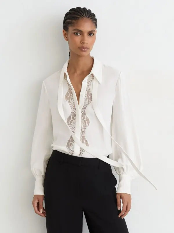 REISS Lace-trim Tie-neck Blouson Shirt