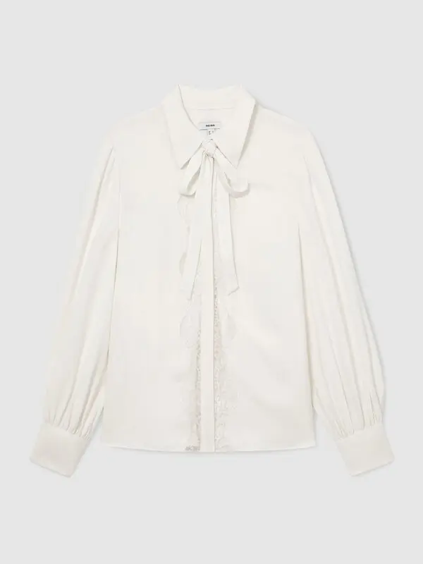 REISS Lace-trim Tie-neck Blouson Shirt