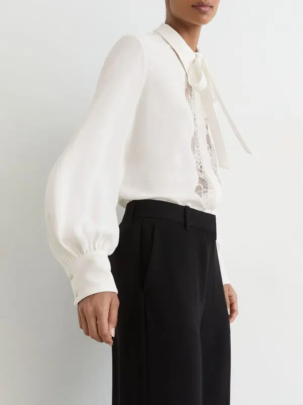 REISS Lace-trim Tie-neck Blouson Shirt
