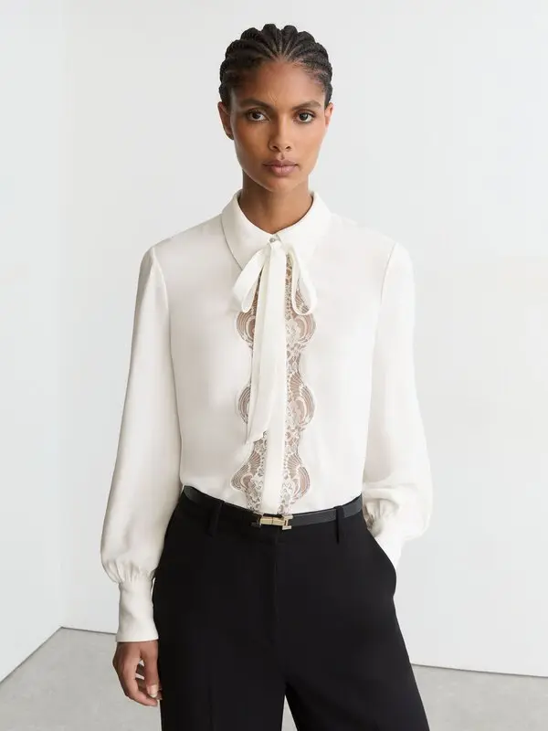 REISS Lace-trim Tie-neck Blouson Shirt