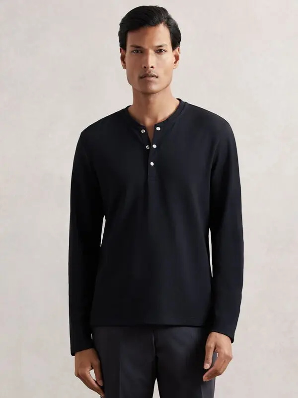 REISS Textured Grandad-collar Henley Shirt - Navy
