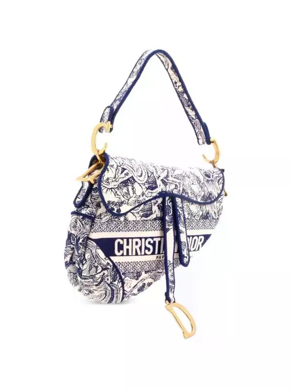 Dior Saddle Bag Logo Embroidered Canvas Medium Shoulder Bag - Blue