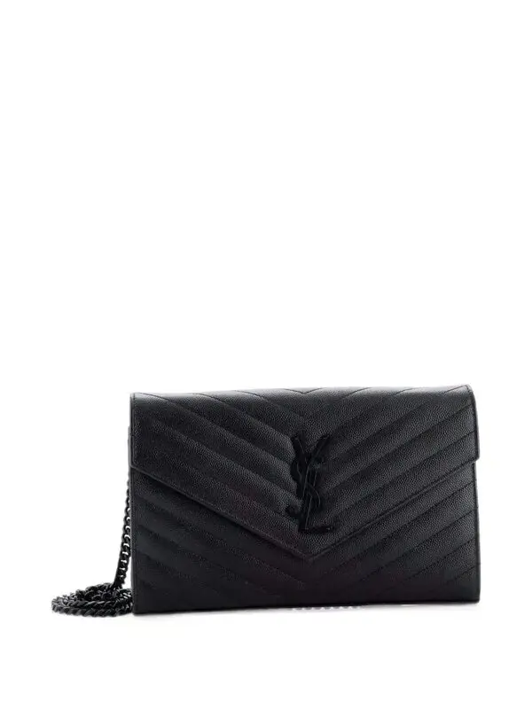 Saint Laurent Classic Monogram Wallet On Chain Matelasse Chevron Leather Medium Crossbody Bag - Black