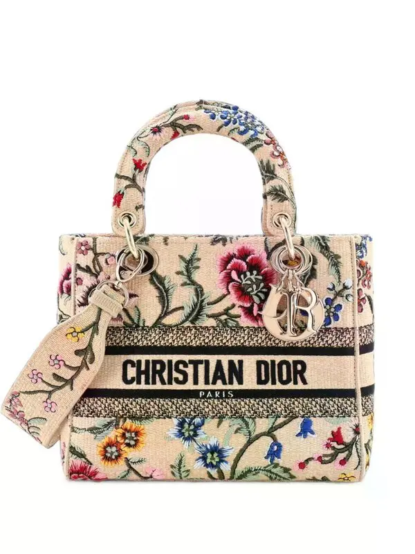 Dior Lady D-lite Bag Embroidered Raffia Medium Satchel - Neutrals