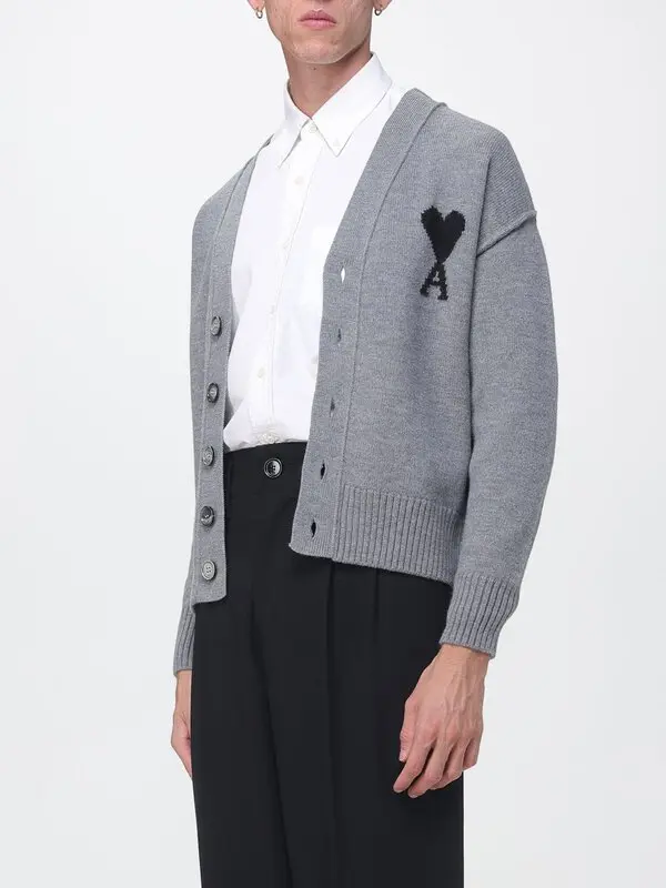 AMI Paris V-neck Wool Cardigan With Contrast Logo - Grey