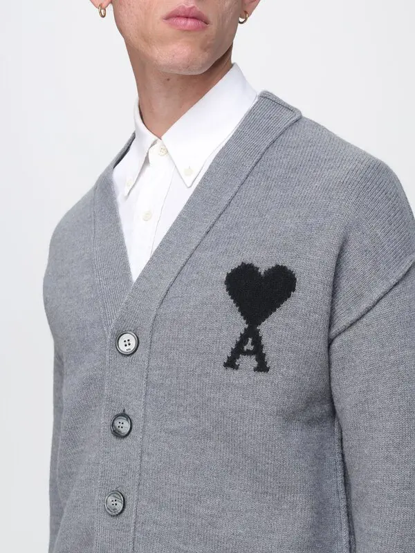 AMI Paris V-neck Wool Cardigan With Contrast Logo - Grey