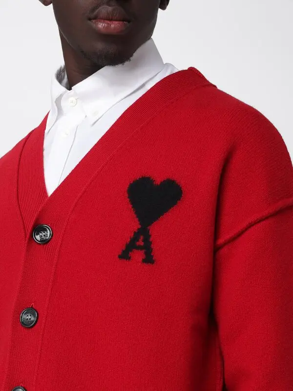 AMI Paris V-neck Wool Cardigan With Contrast Logo - Ruby