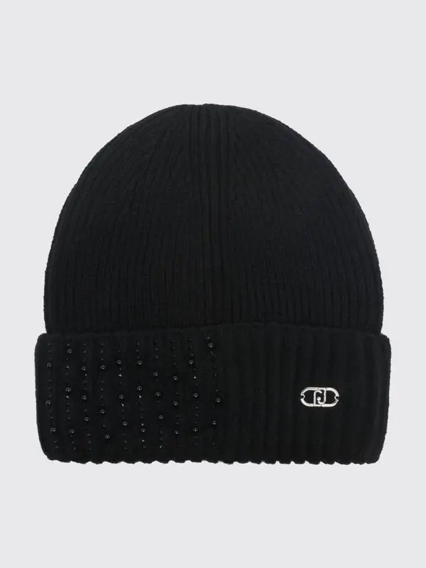 Liu Jo Ribbed Beanie With Cuff And Rhinestone And Bead Embellishments - Black