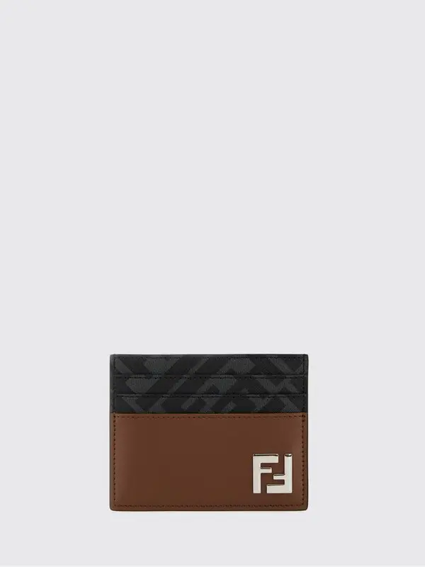 Fendi Flat Card Holder In Leather And Fabric With Ff Monogram Pattern - Sand