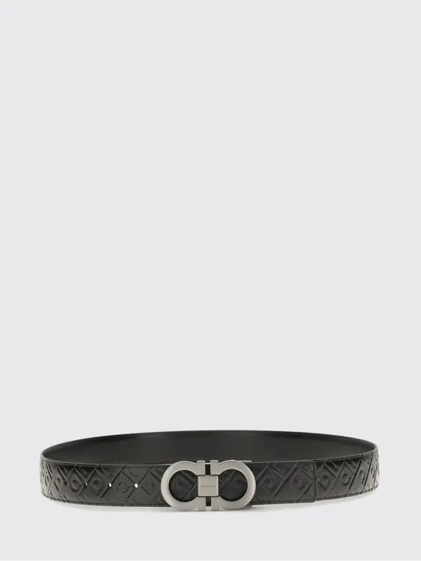 FERRAGAMO Gancini Monogram Pattern Leather Belt With Metal Buckle - Black