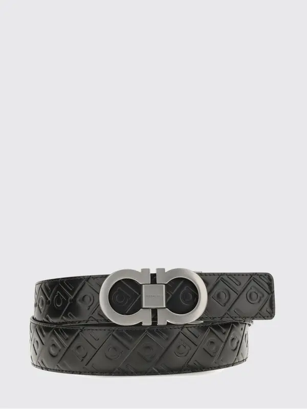 FERRAGAMO Gancini Monogram Pattern Leather Belt With Metal Buckle - Black