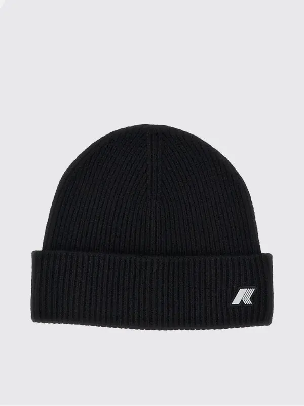 K-WAY Brice Ribbed Wool Beanie Hat With Turn-up Cuff And Rubber Logo - Black