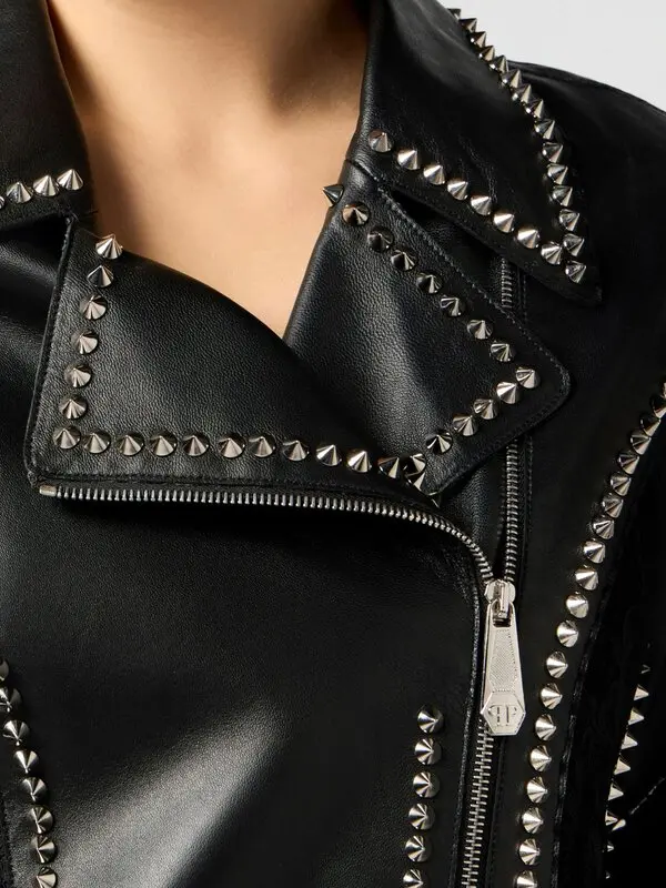 Philipp Plein Cropped Studded Lambskin Biker Jacket