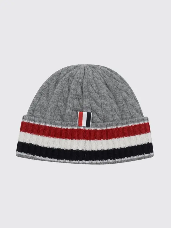 Thom Browne Striped Virgin Wool Beanie With Cuff And Logo Flag - Grey