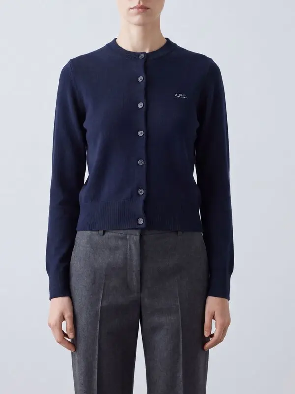 A.p.c. Crewneck Cardigan In Virgin Wool And Cotton Blend With Contrast Logo - Navy