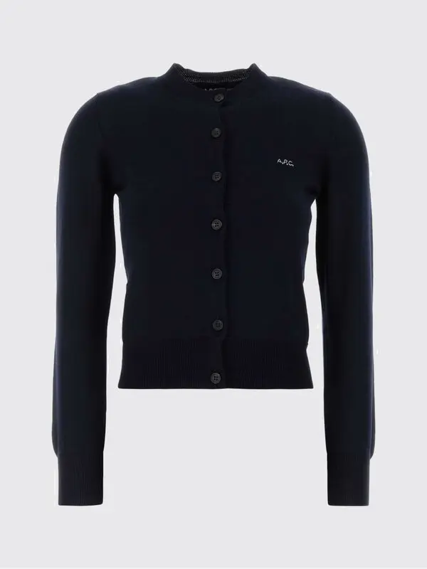 A.p.c. Crewneck Cardigan In Virgin Wool And Cotton Blend With Contrast Logo - Navy
