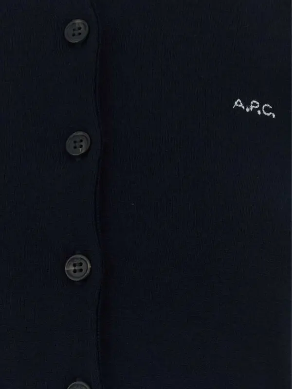 A.p.c. Crewneck Cardigan In Virgin Wool And Cotton Blend With Contrast Logo - Navy