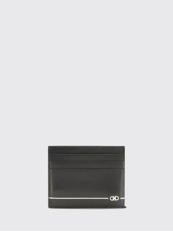FERRAGAMO Gancini Smooth Calfskin Card Holder With Contrast Logo - Black