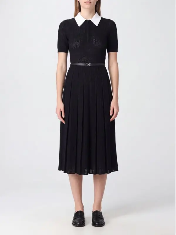 Tory Burch Pleated Knit Midi Shirt Dress With Belt