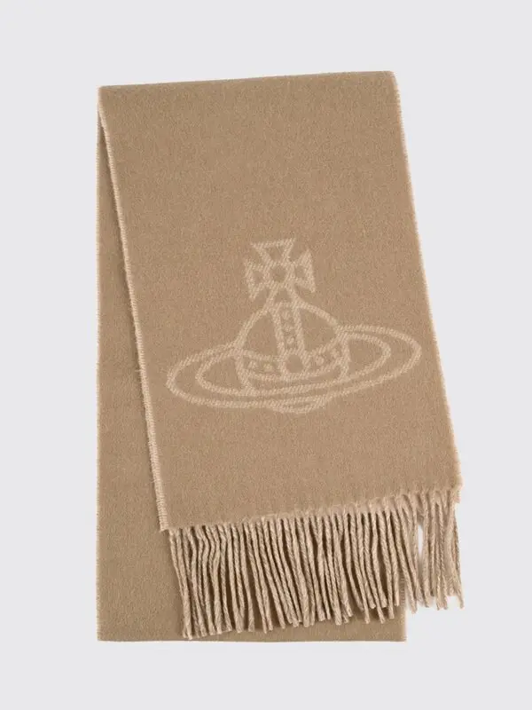 VIVIENNE WESTWOOD Orb Logo Pattern Wool Scarf With Fringed Edges - Camel