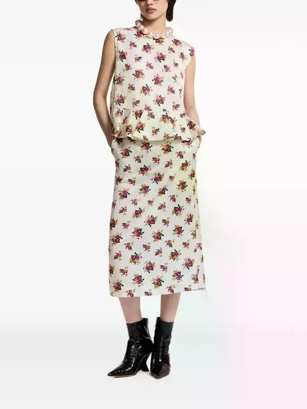 Essentiel Antwerp Kustard Floral-print Back-slit Midi Skirt