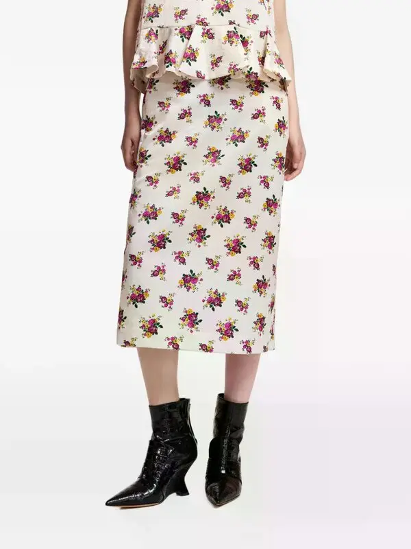 Essentiel Antwerp Kustard Floral-print Back-slit Midi Skirt