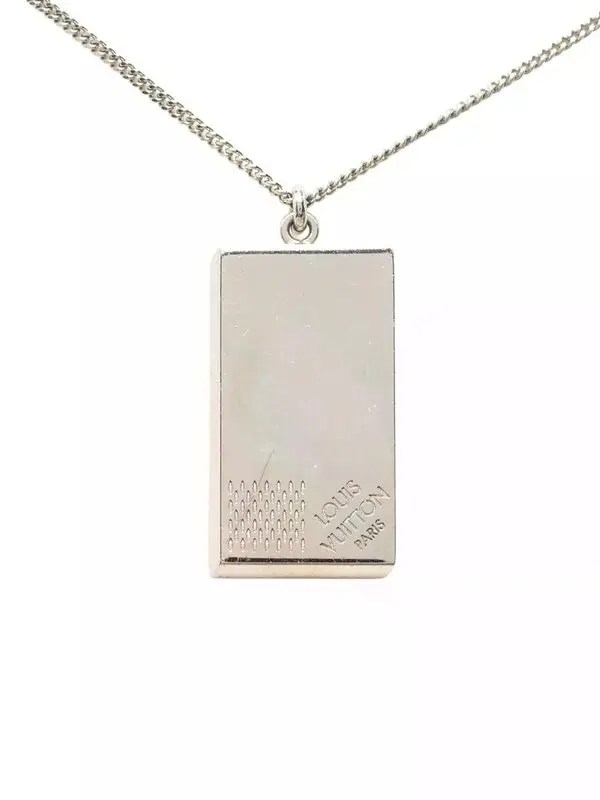 LOUIS VUITTON 2017 Brass Collier Plaque Damier Pendant Necklace Costume Necklace - Silver