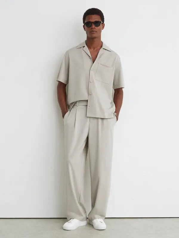 REISS Cuban-collar Short-sleeve Shirt - Light Stone