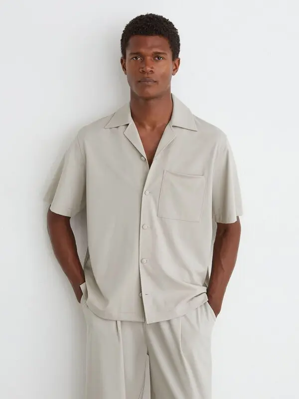 REISS Cuban-collar Short-sleeve Shirt - Light Stone