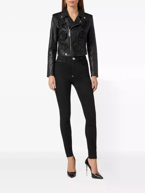 Philipp Plein Cropped Leather Biker Jacket With Floral Embellishments - Black