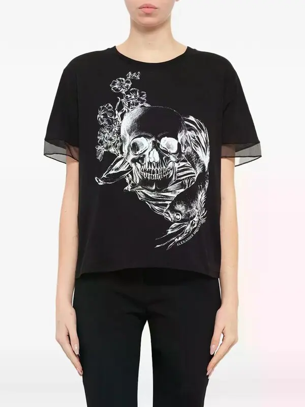 Alexander McQueen Fish Skull-printed Sheer-trim T-shirt