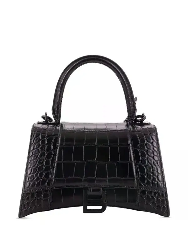 Balenciaga Hourglass Top Handle Bag Crocodile Embossed Leather Small Cross Body Bag - Black