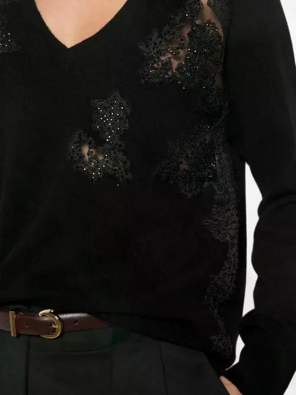 ERMANNO FIRENZE Lace-panelled V-neck Sweater