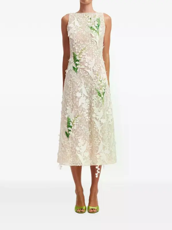 LEO LIN Cleo Floral-appliqué Lace Midi Dress - Neutrals