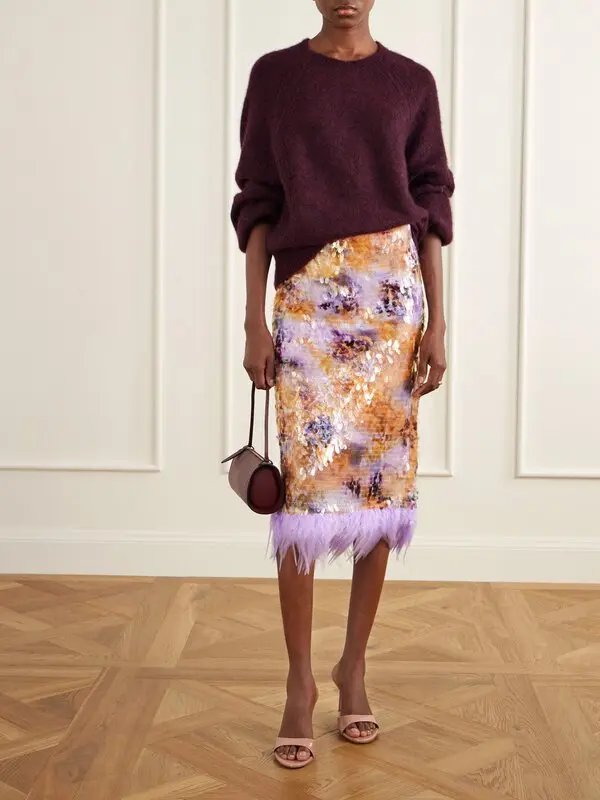 Staud Lark Sequin-embellished Feather-trimmed Mesh Midi Skirt