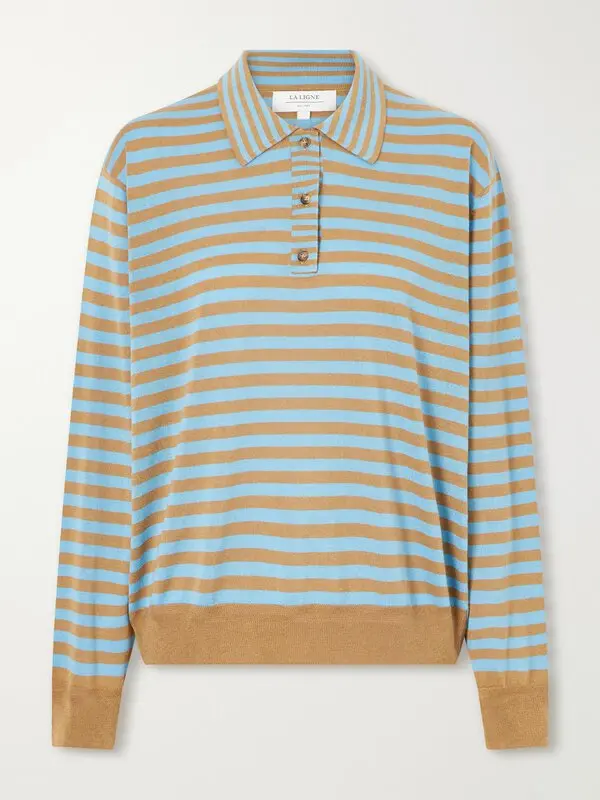 LA LIGNE Ben Striped Silk, Wool And Cashmere-blend Polo Sweater - Blue