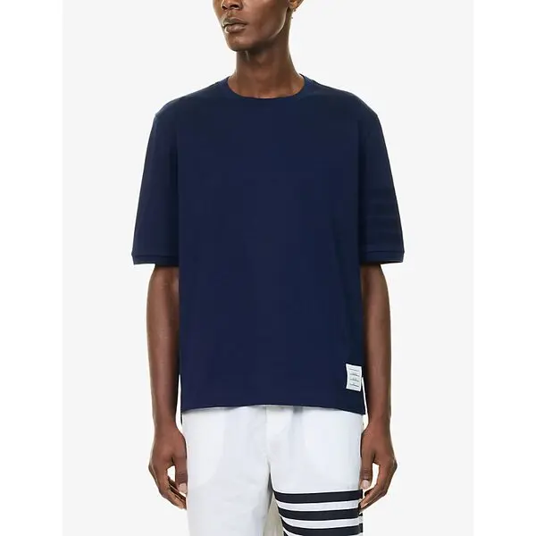 Thom Browne Striped-sleeve Brand-patch Cotton T-shirt - Navy