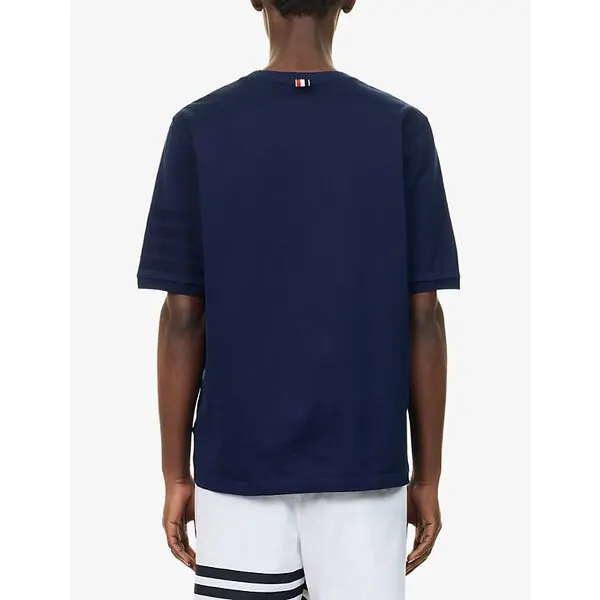 Thom Browne Striped-sleeve Brand-patch Cotton T-shirt - Navy