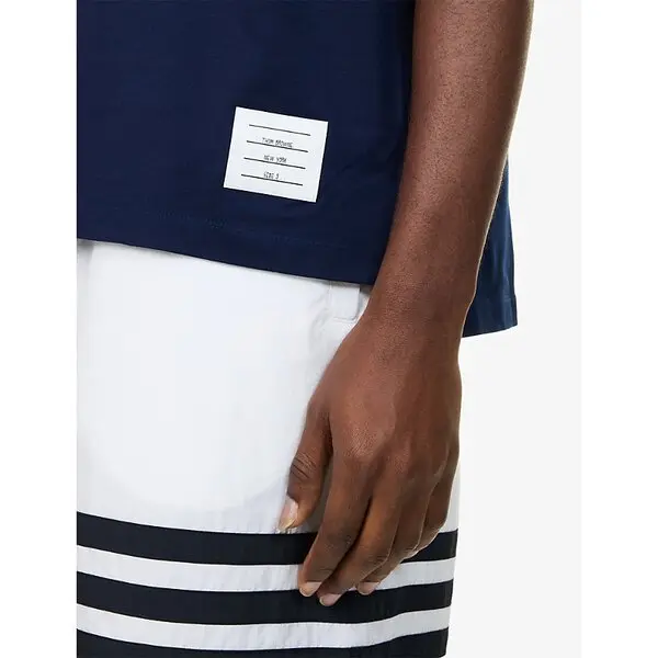 Thom Browne Striped-sleeve Brand-patch Cotton T-shirt - Navy