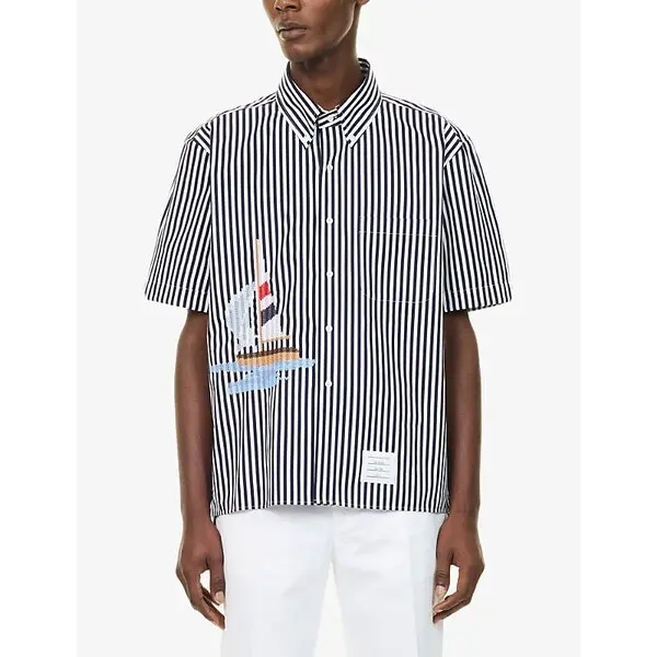 Thom Browne Sailboat-embroidered Striped Cotton Shirt