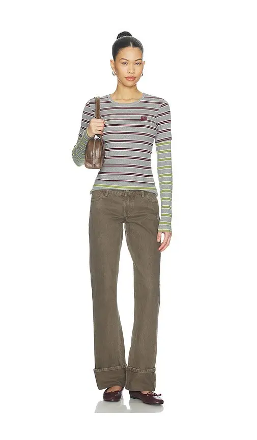 GANNI Soft Cotton Rib Long Sleeve Double Layer Top In . Also