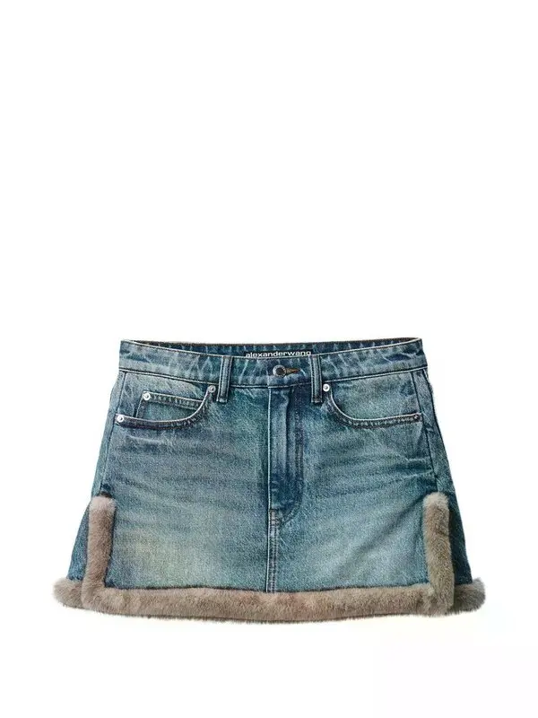 Alexander Wang Denim Mini Skirt With Faux Mink Trim