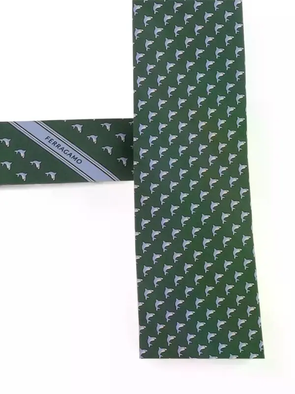 FERRAGAMO Shark Print Silk Tie - Green