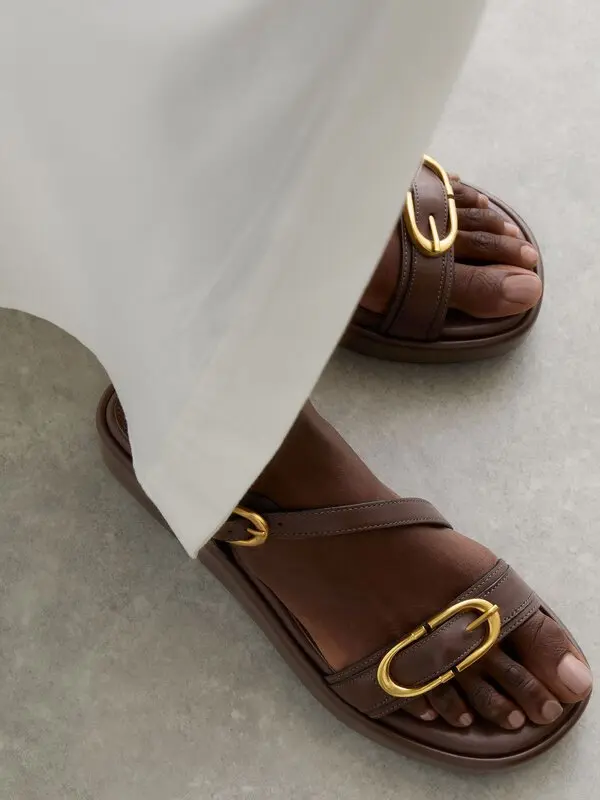 REISS Leather Double-buckle Flatform Sandals - Chocolate