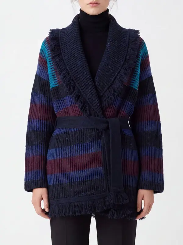 Giorgio Armani Striped Cashmere Blend Shawl Collar Robe Cardigan With Fringed Hem